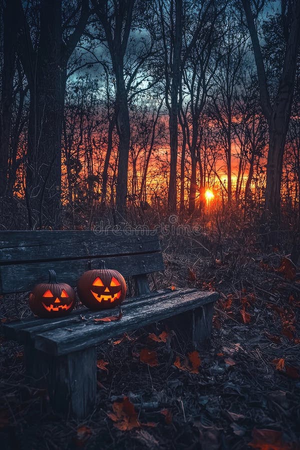 Halloween Pumpkin in the Forest on a Bench. Selective Focus Stock Photo ...