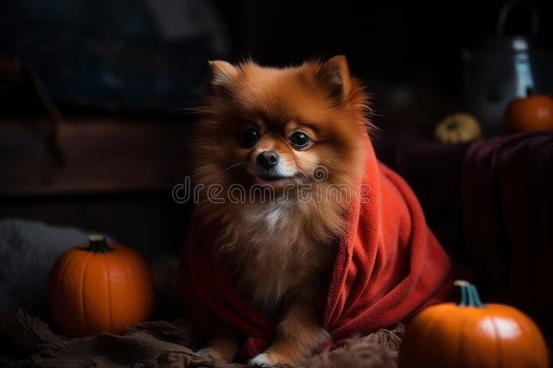 Halloween Pumpkin Jack O Lantern and Pomeranian Spitz, AI Generated ...