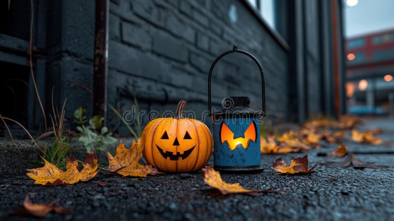 Halloween Pumpkin and Lantern on the Ground Surrounded by Autumn Leaves ...