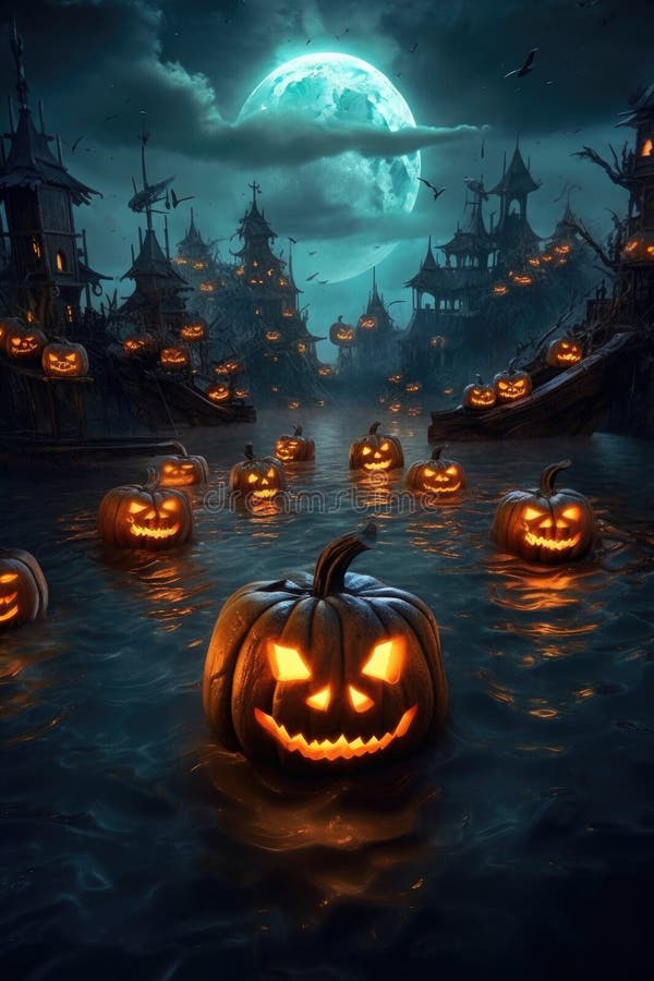 Halloween Pumpkin Lanterns in a Moonlit Night Stock Illustration ...