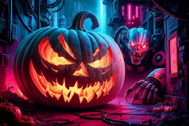 A Halloween Pumpkin with Neon Lights and a Cyber Theme Stock ...