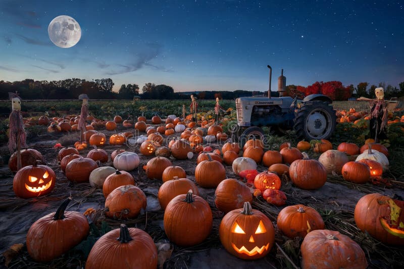 Halloween Pumpkin Patch at Night with Jack-o -lanterns and a Tractor ...