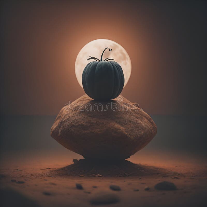 Halloween Pumpkin on a Rock with Full Moon. 3d Rendering Stock ...
