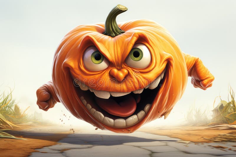 Cartoon Halloween Pumpkin Running Hovering Over the Road, AI Stock ...