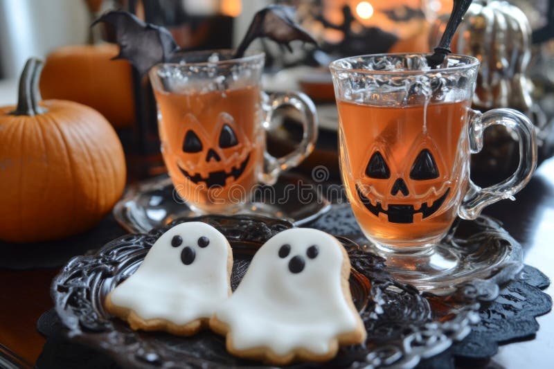 Halloween Pumpkin Spice Tea with Ghost Cookies Stock Illustration ...