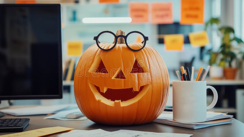Halloween Pumpkin Wearing Eyeglasses is Sitting on a Desk in a Modern ...