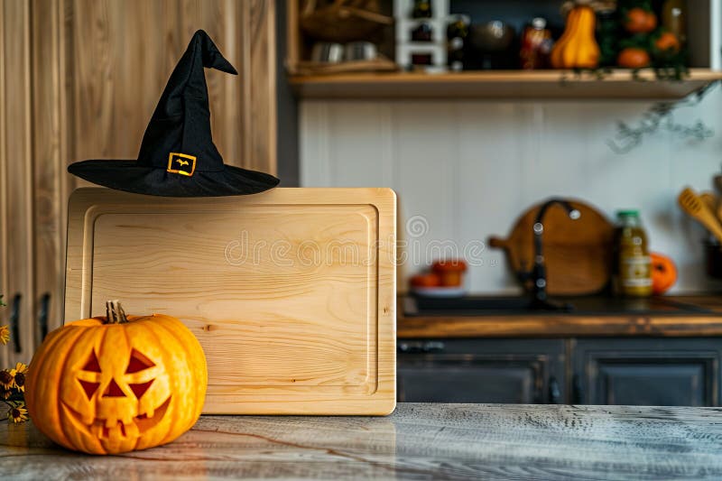 Halloween Pumpkin and Witch Hat on Kitchen Counter Stock Image - Image ...