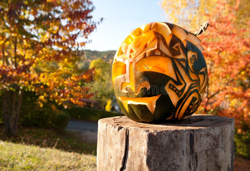 Halloween Pumpkin on a Wooden Stump Outside Stock Image - Image of ...