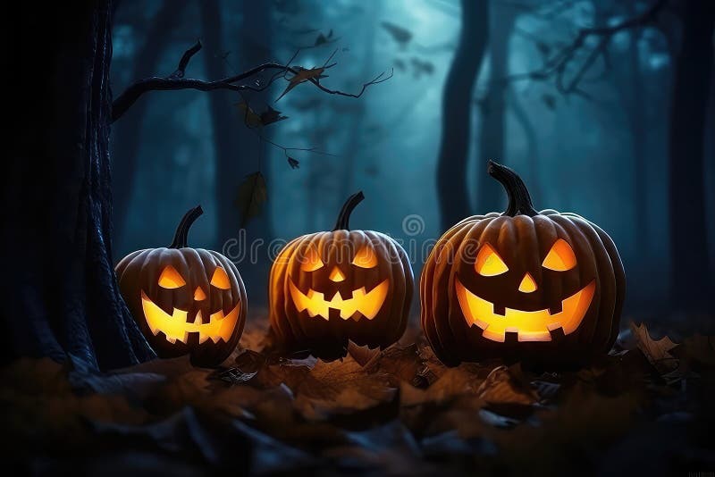 Halloween Pumpkins Arranged on Wood in Forest at Night, Creating Eerie ...