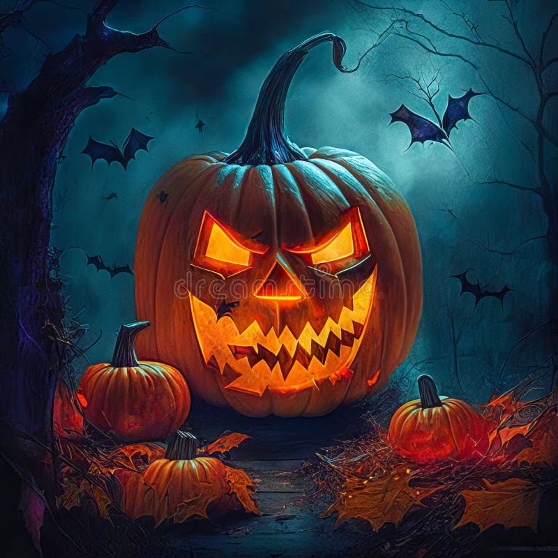 Halloween, Pumpkins, Bats and a Graveyard on a Moonlit Night before ...