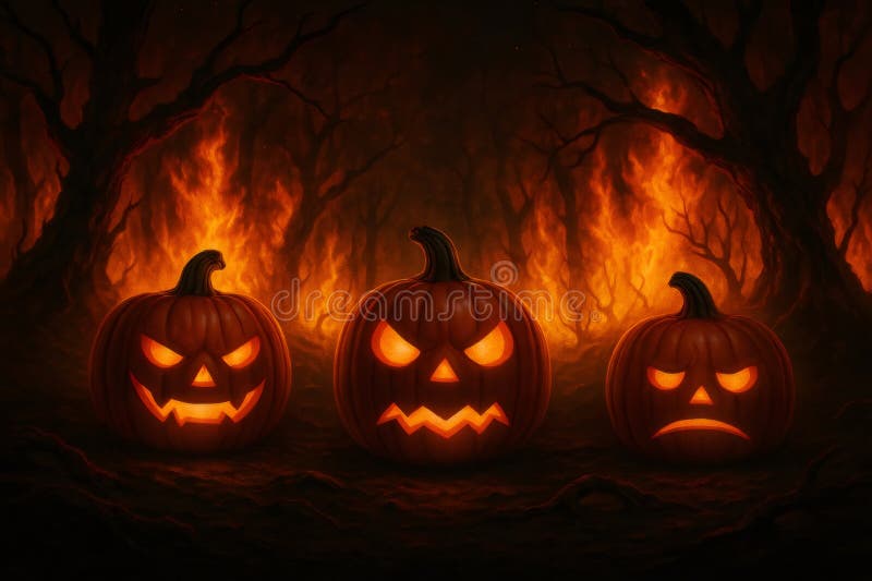 Halloween Pumpkins Burning in a Spooky Forest Fire Stock Image - Image ...