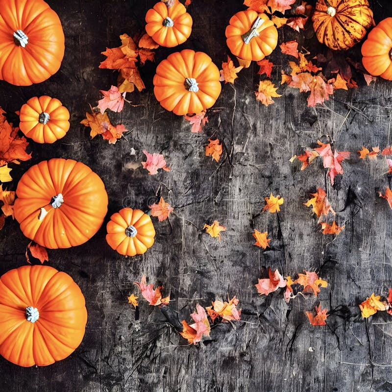 Halloween Pumpkins on Dark Background with Fallen Leaves Stock ...