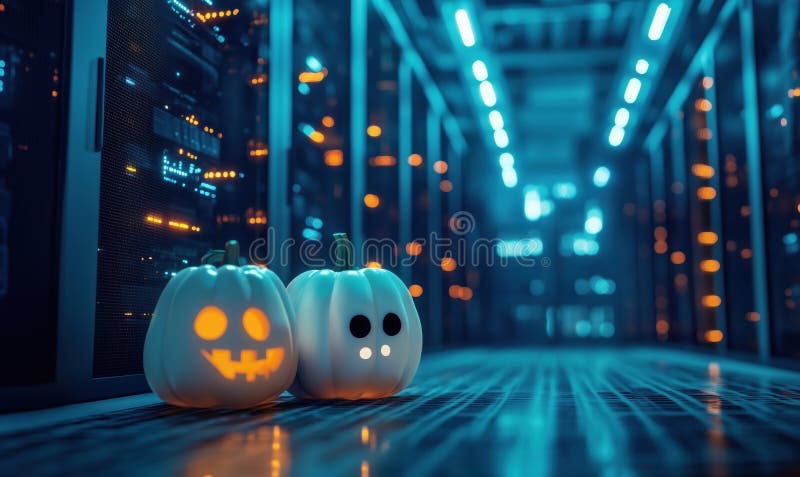 Halloween Pumpkins in Data Center, Glowing Faces, Modern Technology ...