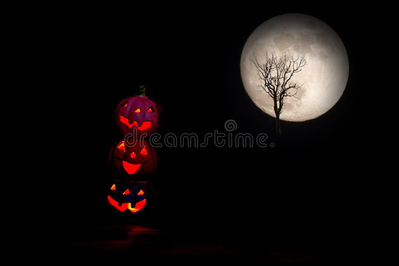 Halloween,pumpkins. Full Moon and Death Tree Background Stock Photo ...