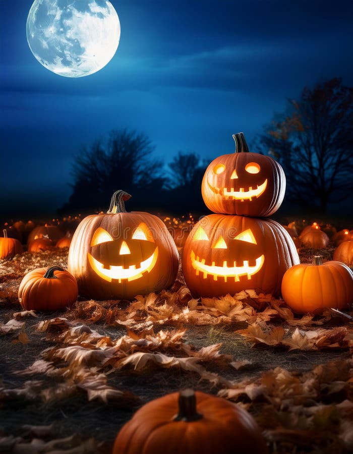 Halloween Pumpkins Glowing Under the Moonlight in a Patch of Gourds ...