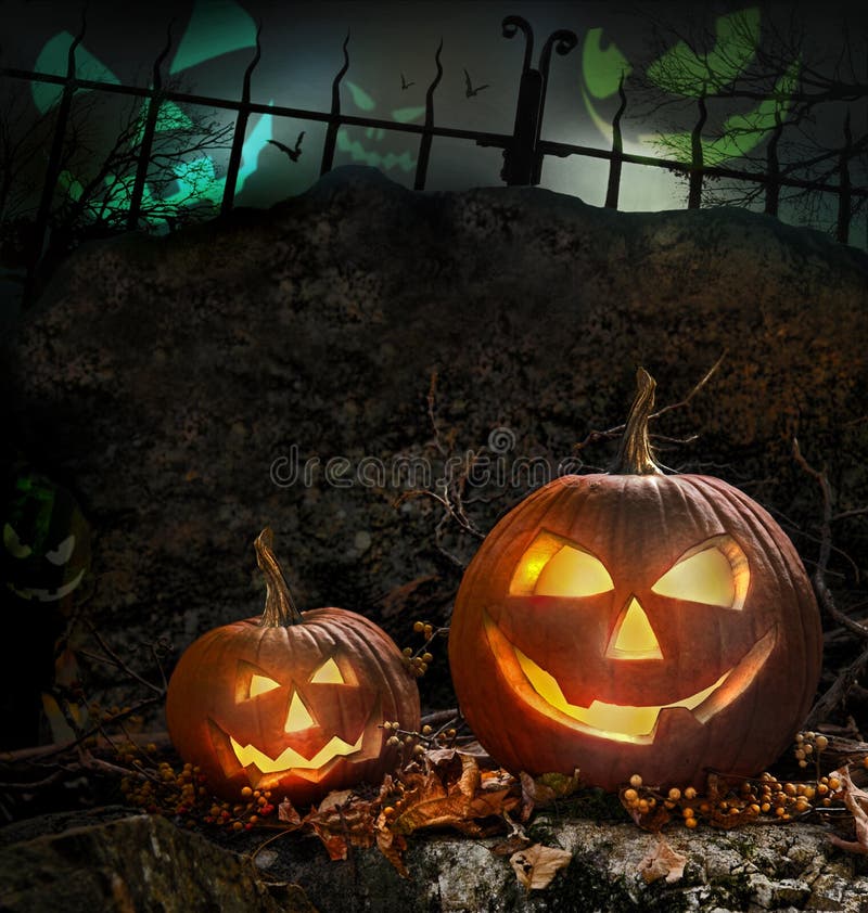 Halloween Pumpkins on Rocks at Night Stock Photo - Image of jack ...