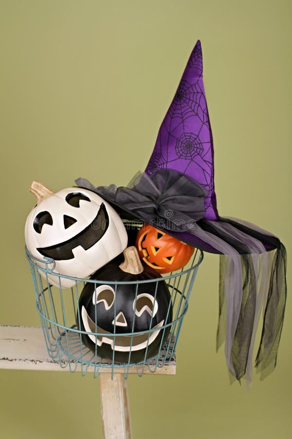 Halloween Pumpkins on Rustic Wood Bench in Wire Bowl Stock Photo ...