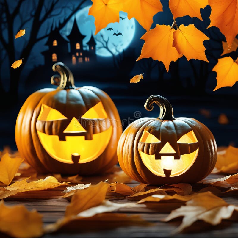 Halloween Pumpkins with Scary Faces and Autumn Leaves. Halloween ...