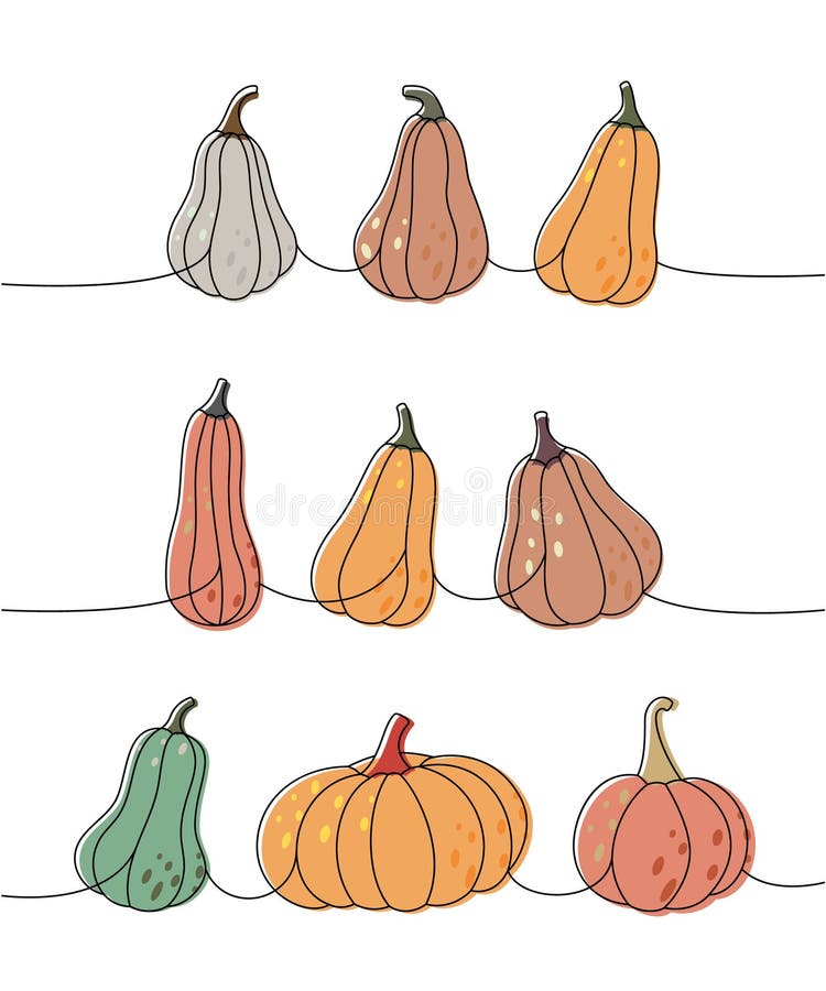 Halloween Pumpkins. Set of Pumpkins One Line Colored Continuous Drawing ...