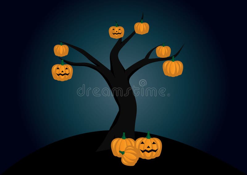 Halloween Pumpkins and Spooky Tree Stock Illustration - Illustration of ...