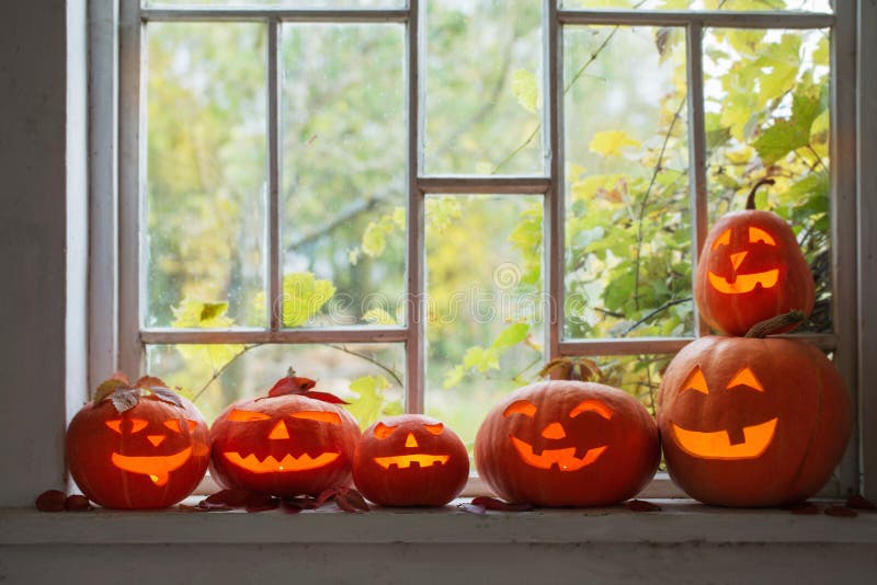Halloween Pumpkins on Window Stock Image - Image of halloween, house ...