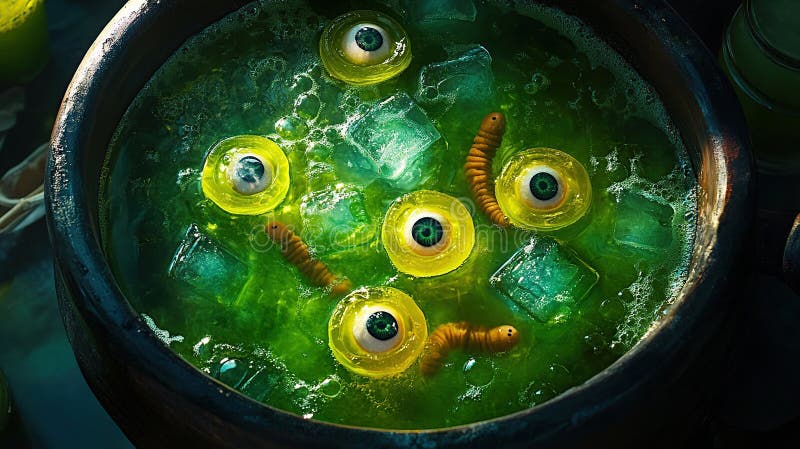 Halloween Punch in Cauldron with Gummy Eyeballs and Worms Stock Photo ...