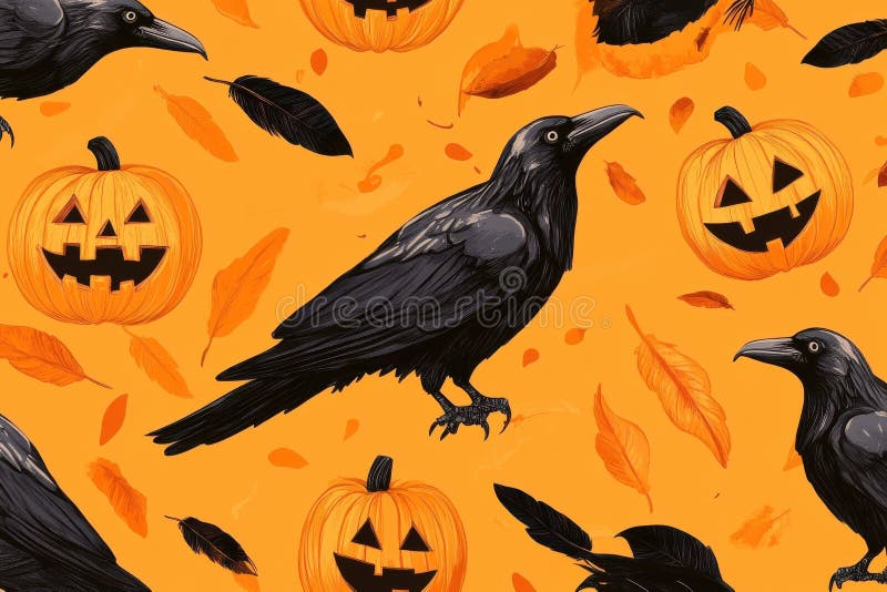 Halloween Ravens and Pumpkins Stock Illustration - Illustration of ...