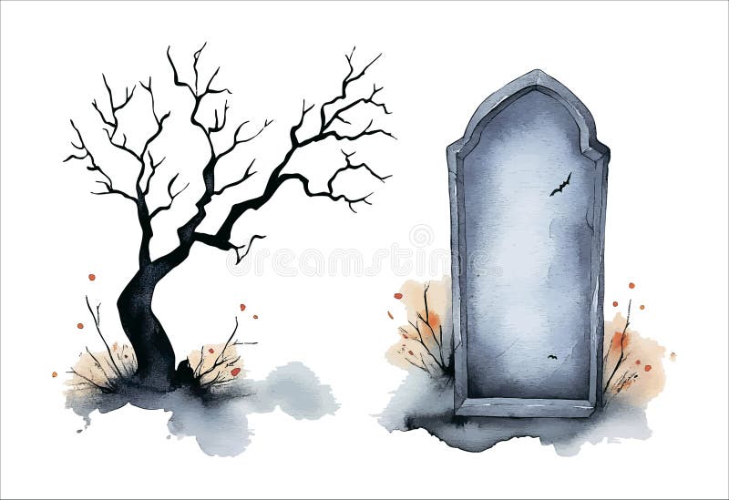 Halloween Rip and Tree, Grey Gravestone Watercolor Illustration Stock ...