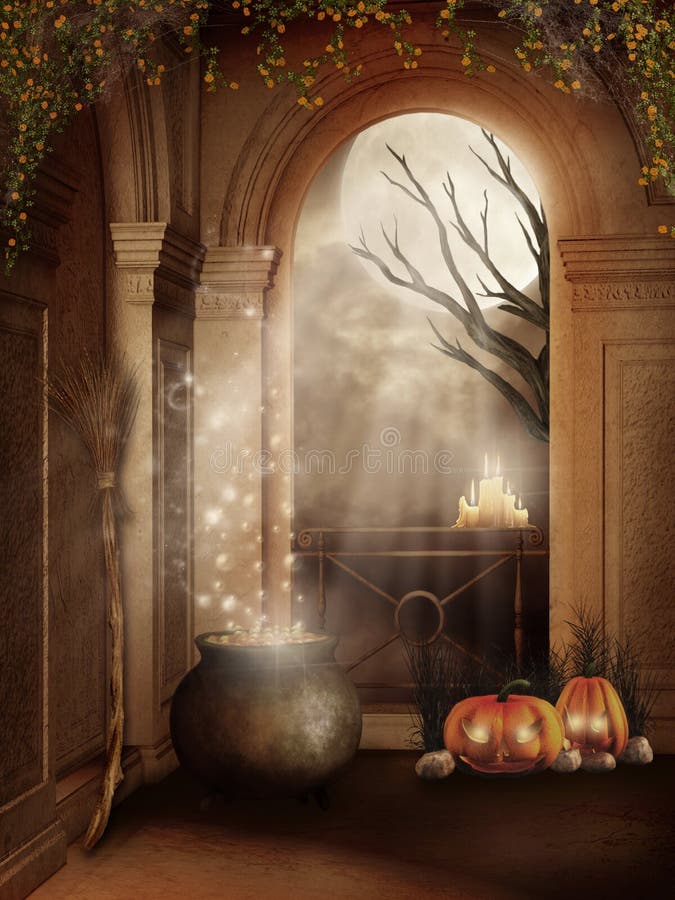 Halloween Room with a Cauldrom Stock Illustration - Illustration of ...