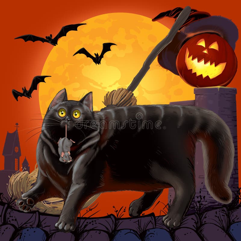 Halloween Scared Cat and Mouse with Pumpkin. Stock Illustration ...