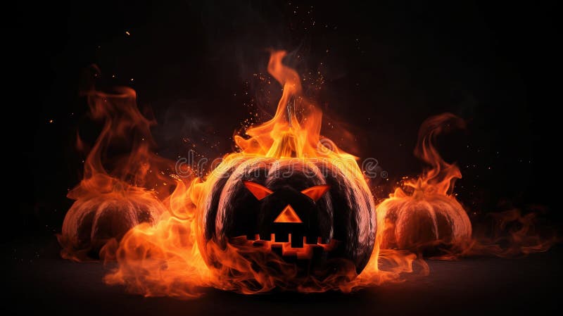 Halloween Scary Pumpkin on Fire, Black Background, Isolate. AI ...