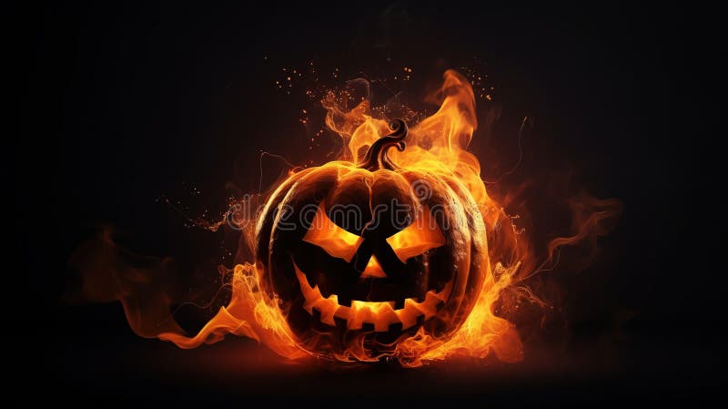 Halloween Scary Pumpkin on Fire, Black Background, Isolate. AI ...