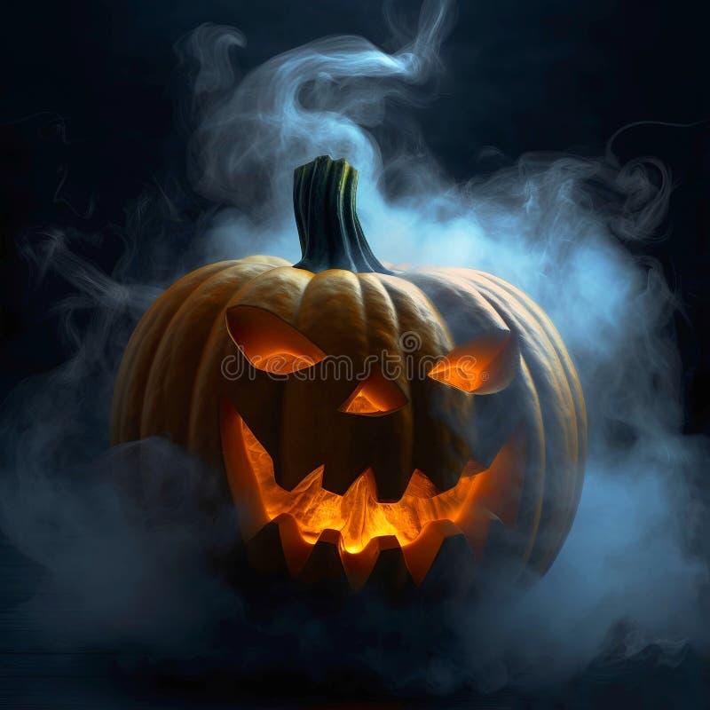 Halloween Scary Pumpkin Surrounded by Smoke on Black Background. Happy ...