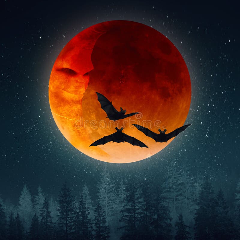 Halloween Scary Red Moon with Bats Stock Illustration - Illustration of ...