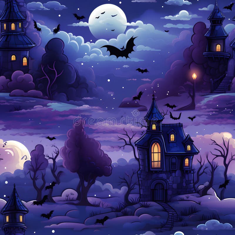 Halloween Scene Featuring a Large House and Flying Bats in the ...