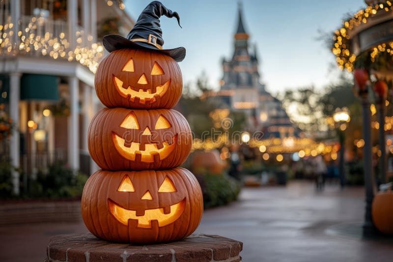 Halloween Scene Featuring Stacked Jack O Lanterns Wearing a Witch Hat ... Halloween Scene Featuring Stacked Jack O Lanterns Wearing a Witch Hat ...