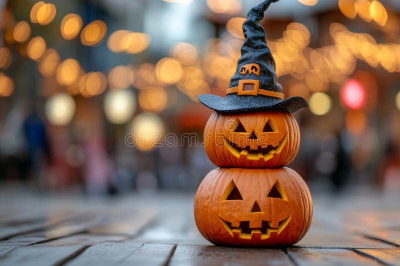 Halloween Scene Featuring Stacked Jack O Lanterns Wearing a Witch Hat ... Halloween Scene Featuring Stacked Jack O Lanterns Wearing a Witch Hat ...