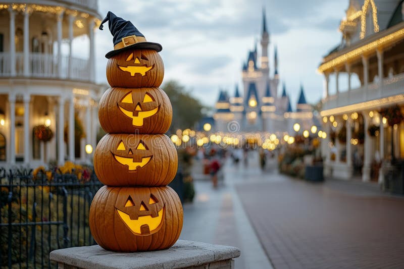 Halloween Scene Featuring Stacked Jack O Lanterns Wearing a Witch Hat ... Halloween Scene Featuring Stacked Jack O Lanterns Wearing a Witch Hat ...