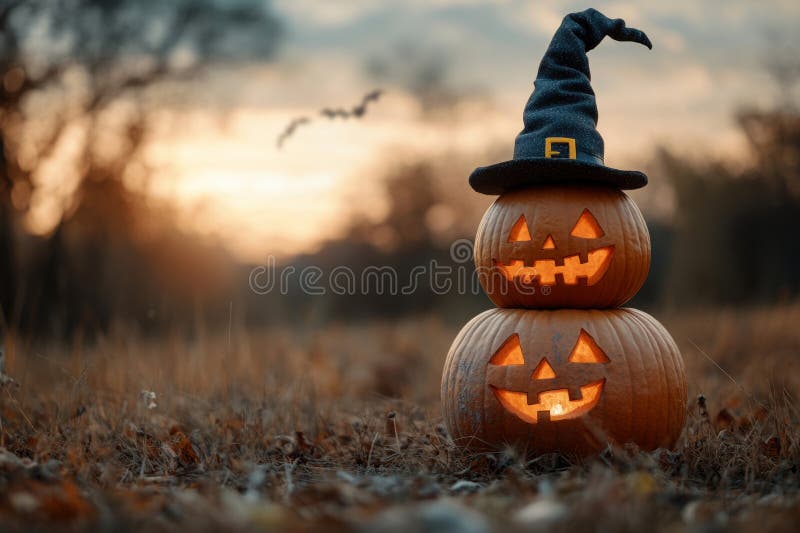 Halloween Scene Featuring Stacked Jack O Lanterns Wearing a Witch Hat ... Halloween Scene Featuring Stacked Jack O Lanterns Wearing a Witch Hat ...