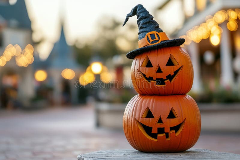 Halloween Scene Featuring Stacked Jack O Lanterns Wearing a Witch Hat ... Halloween Scene Featuring Stacked Jack O Lanterns Wearing a Witch Hat ...