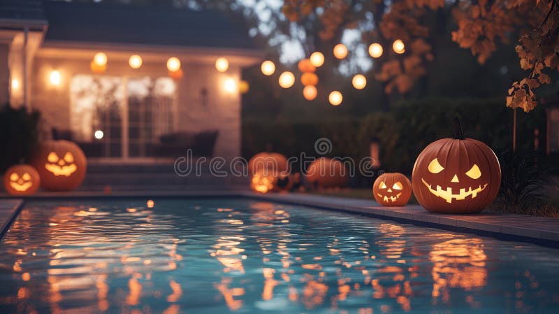 Halloween Scene with Jack O Lanterns by Pool Stock Image - Image of ...