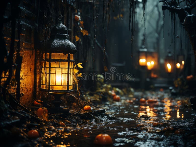 A Halloween Scene with Lanterns and Pumpkins Stock Illustration ...