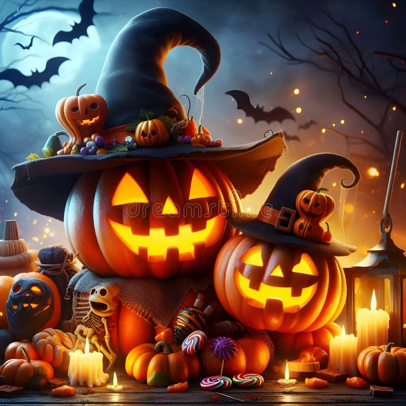 A Halloween Scene with Pumpkins, Candles, and Candy. Stock Image ...