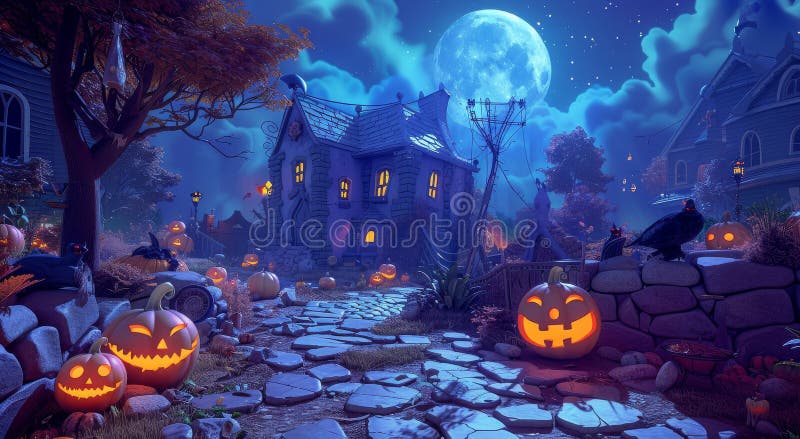 Halloween Scene with Pumpkins and Full Moon Stock Image - Image of ...