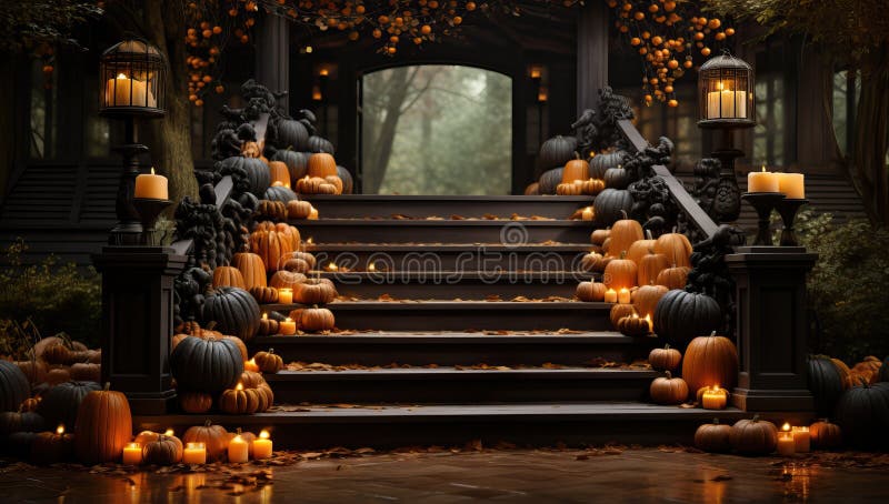 Halloween Scene with Pumpkins, Lanterns and Stairs Stock Illustration ...