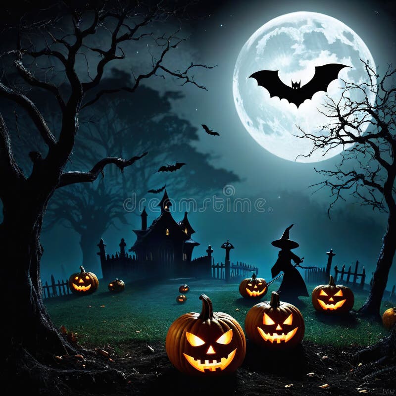 Halloween Scene with Pumpkins Stock Illustration - Illustration of ...