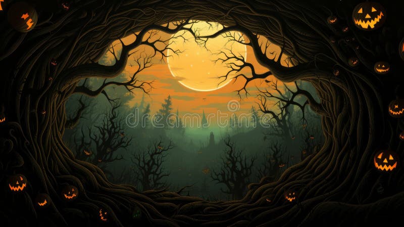 A Halloween Scene with Pumpkins and Trees Stock Illustration ...