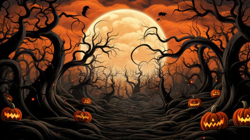 A Halloween Scene with Pumpkins and Trees Stock Illustration ...