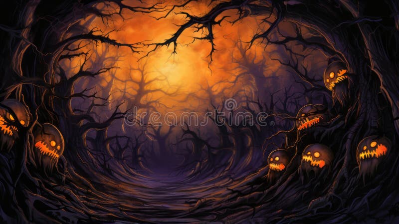 A Halloween Scene with Pumpkins and Trees Stock Illustration ...
