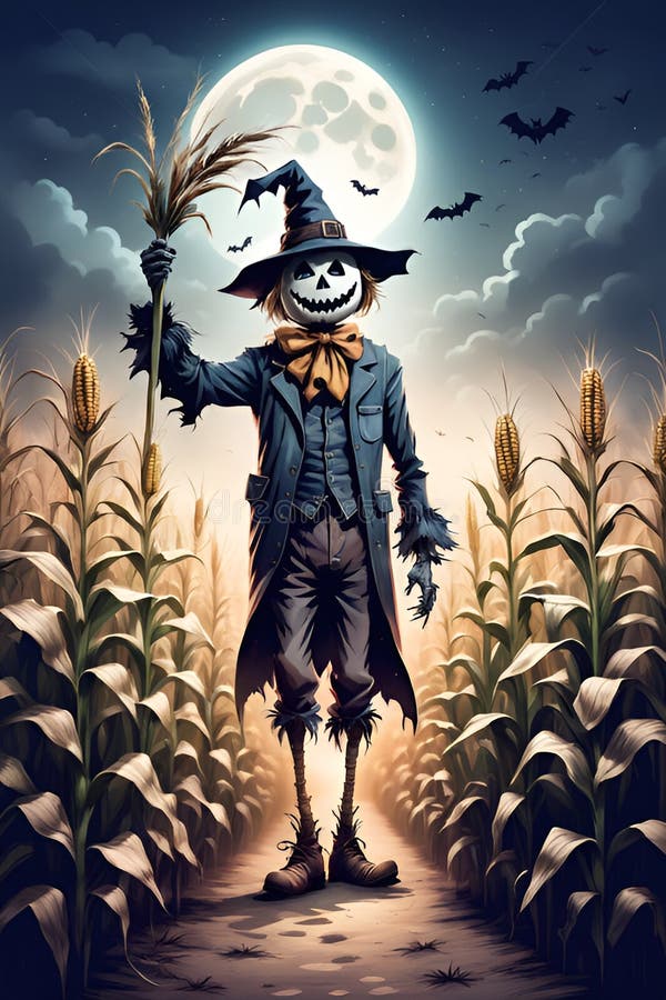 A Halloween Scene with Scarecrow in the Middle of Corn Field, Moon ...